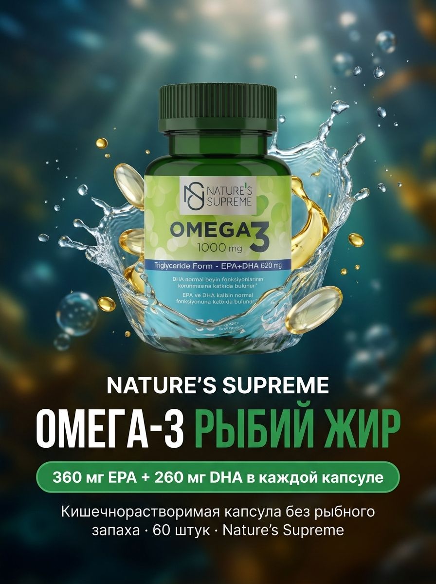 Омега 3 рыбий жир Nature's Supreme капсулы ЭПК 360 мг ДГК 260 мг энтеросолюбильные 1000 мг EPA DHA триглицериды 60 капсул