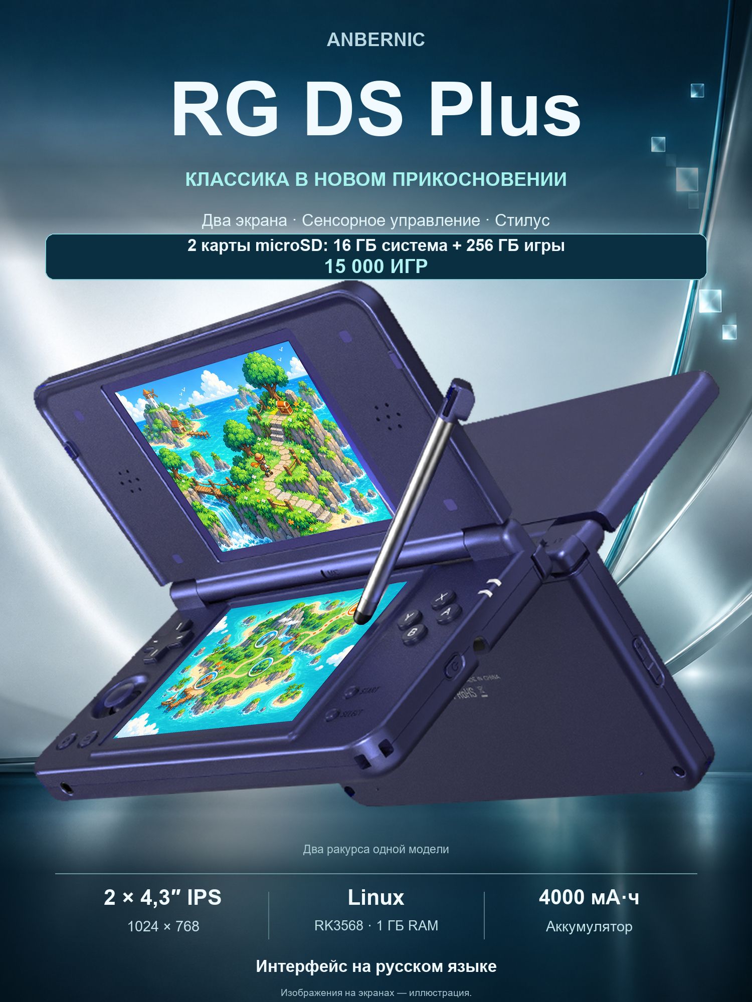 Игровая консоль ANBERNIC RG DS Plus, 16+256 ГБ microSD, 2 экрана 4,3″, синяя металлик