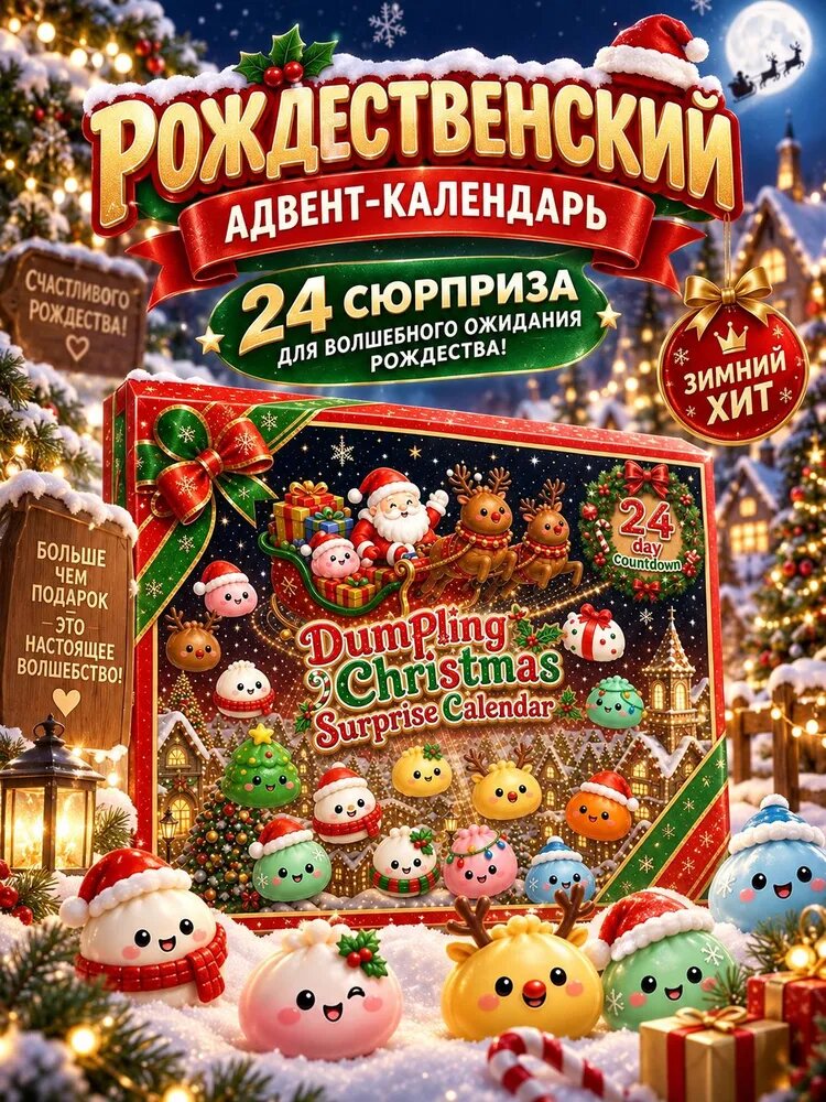 Адвент календарь новогодний с игрушками сквиши антистресс 24 сюрприза