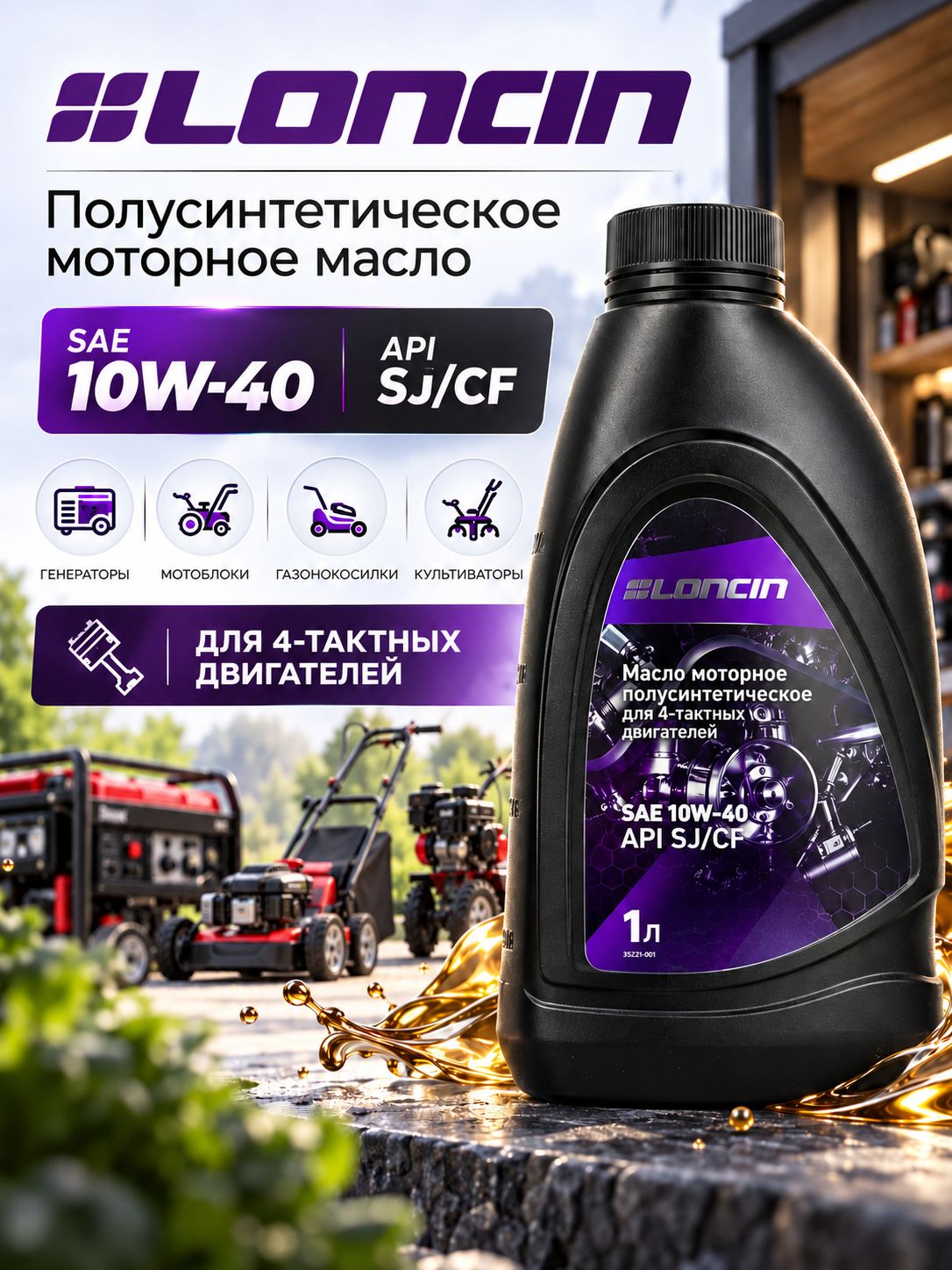 Масло моторное LONCIN 4T SAE 10W-40 API SJ/CF 1л (полусинтетика).