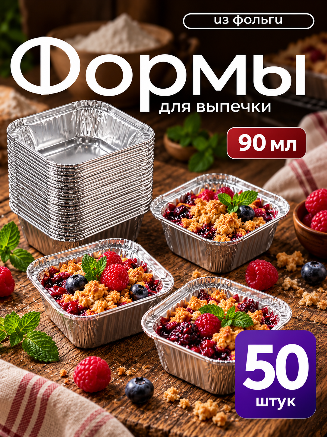 Набор форм для выпечки из фольги Доляна, 90 мл, 7.5×2 см, 50 шт