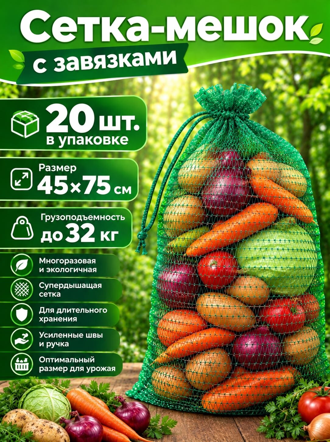 Сетка овощная вес до 32 кг, размер 45*75 см, зелёный - 20 штук