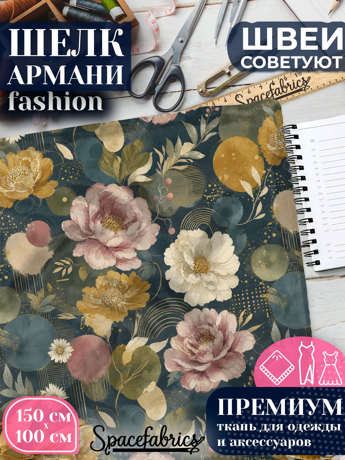 Ткань для шитья шелк Армани, искусственный атлас шелк для костюмов, платьев, юбок с принтом Пионы