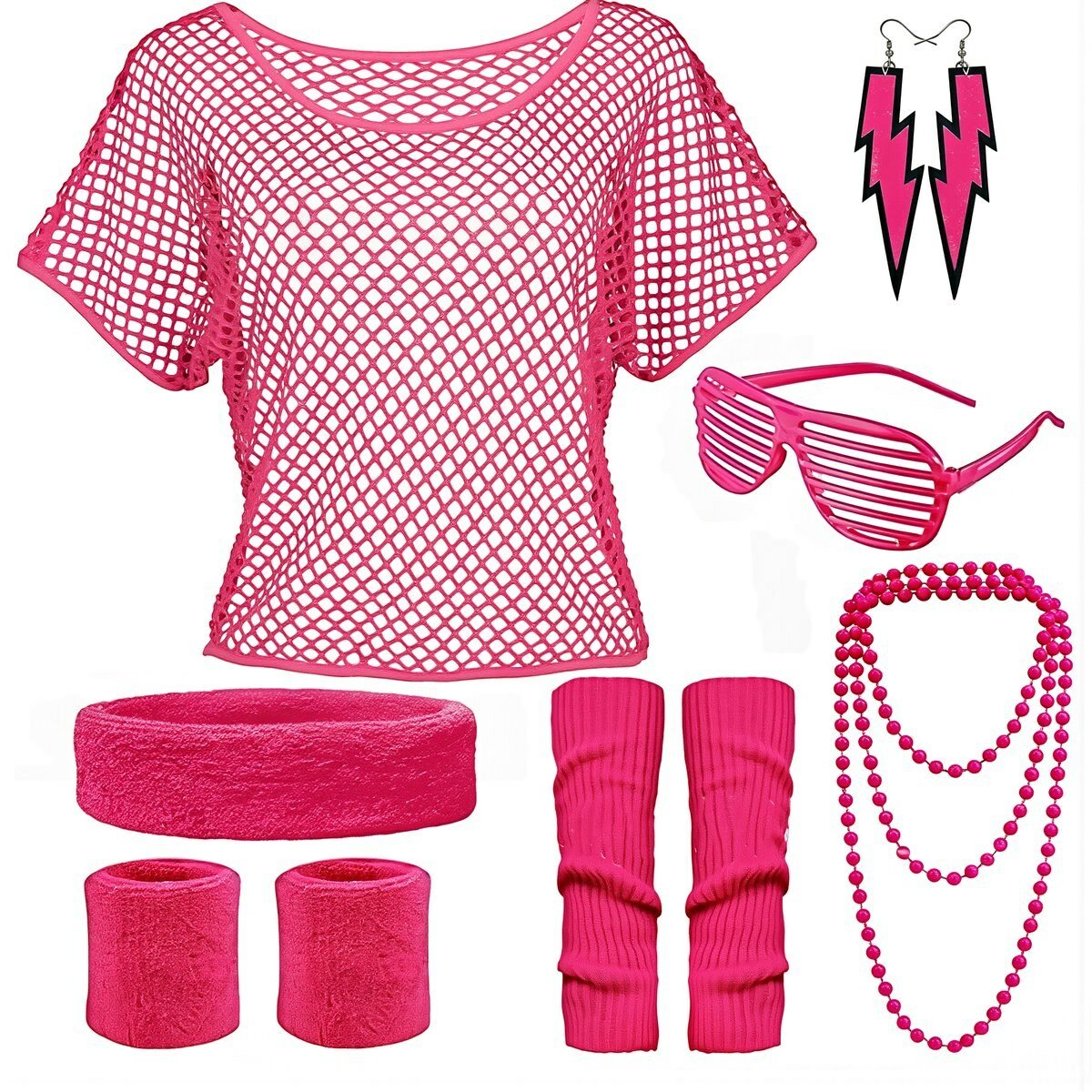 Костюмированный набор из 7 предметов сетчатая футболка серьги молния ожерелье очки повязка на голову повязки на запястья гетры для рук черный универсальный размер взрослый