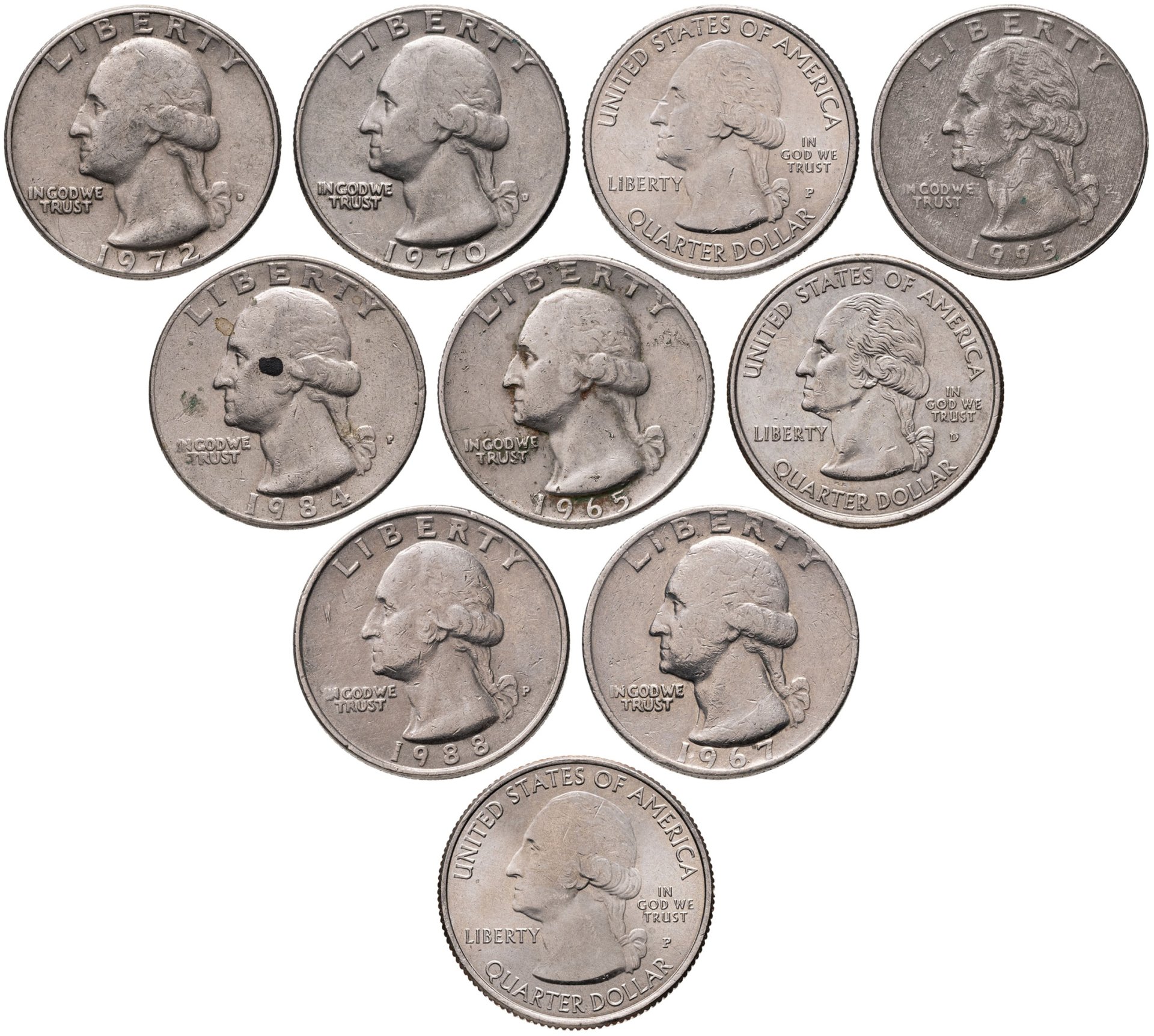 США набор из 10 монет 25 центов квотер, 1/4 доллара, quarter dollar 1965-2019, Медь, в сохранности VF-UNC