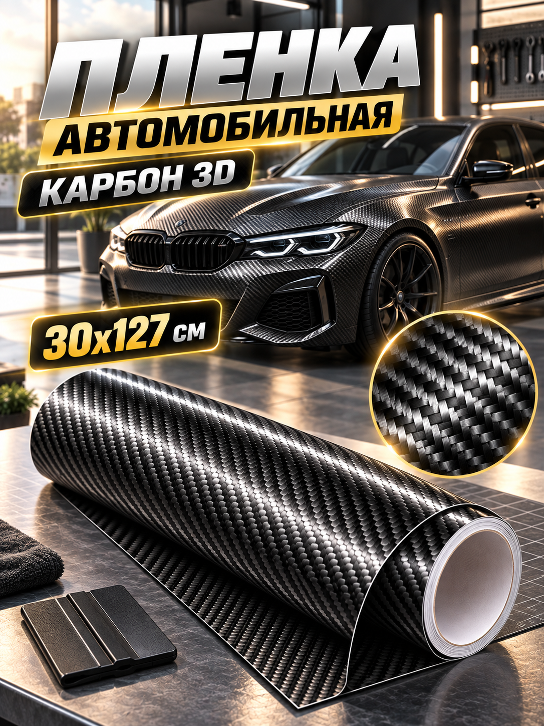 Пленка карбон 3D, самоклеящаяся, размер 30x127 см, цвет черный