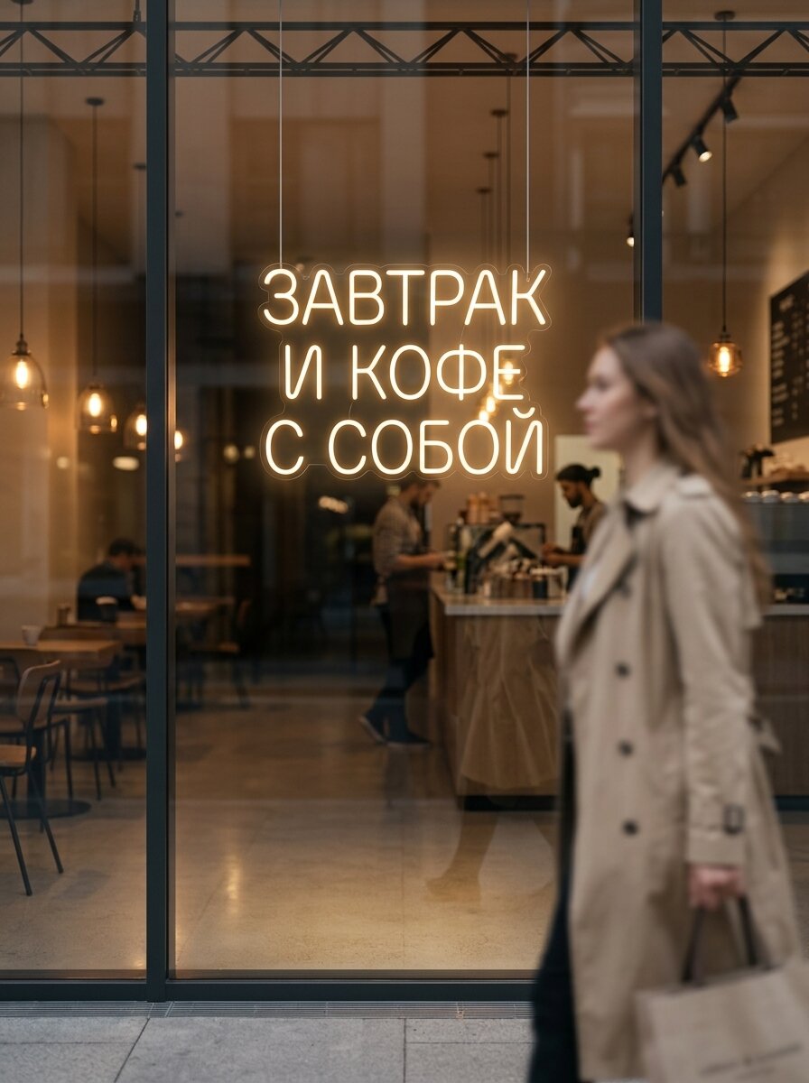 Неоновая вывеска "Завтрак и кофе с собой" 65х45см, неоновая надпись, LED светильник для кофейни