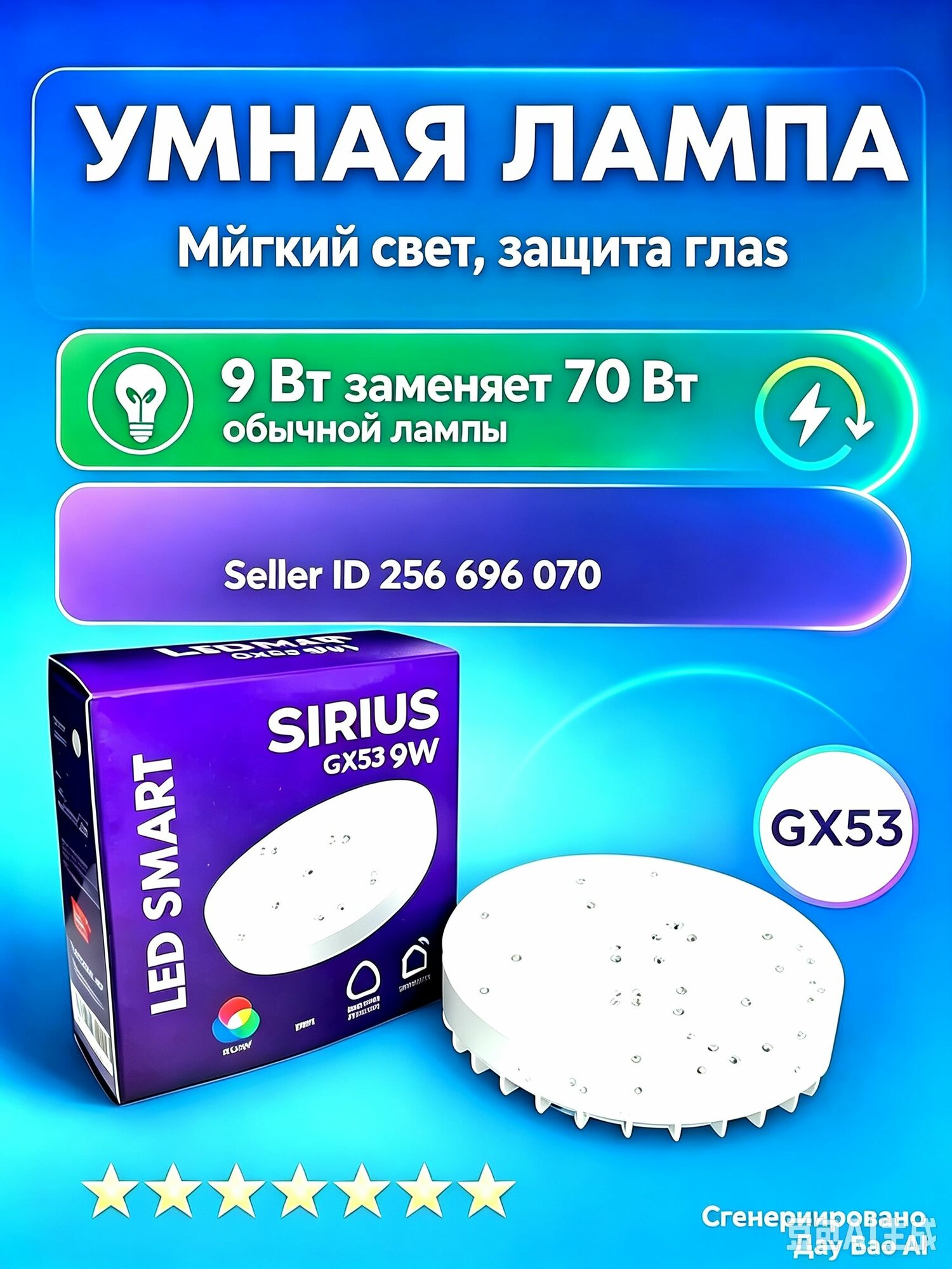 Лампочка, Цоколь: GX53, 9 Вт, Светодиодная, 1 шт.