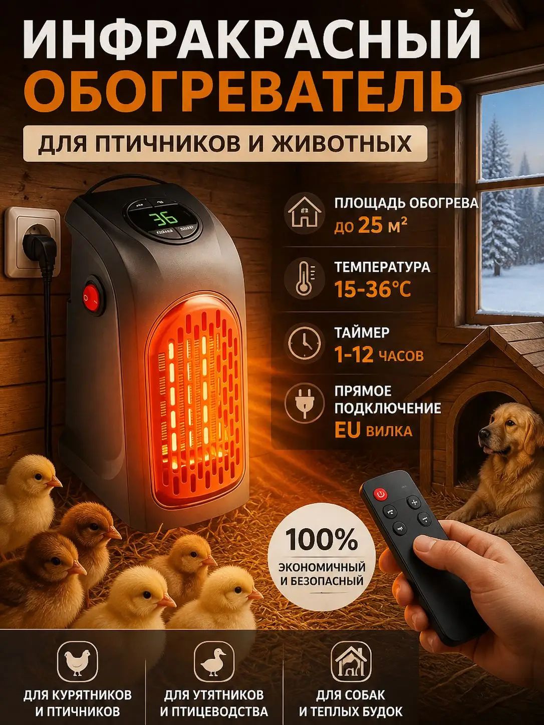 Обогреватель для курятника и свиноматки мощностью 400 Вт дистанционно регулирует температуру и время содержания.