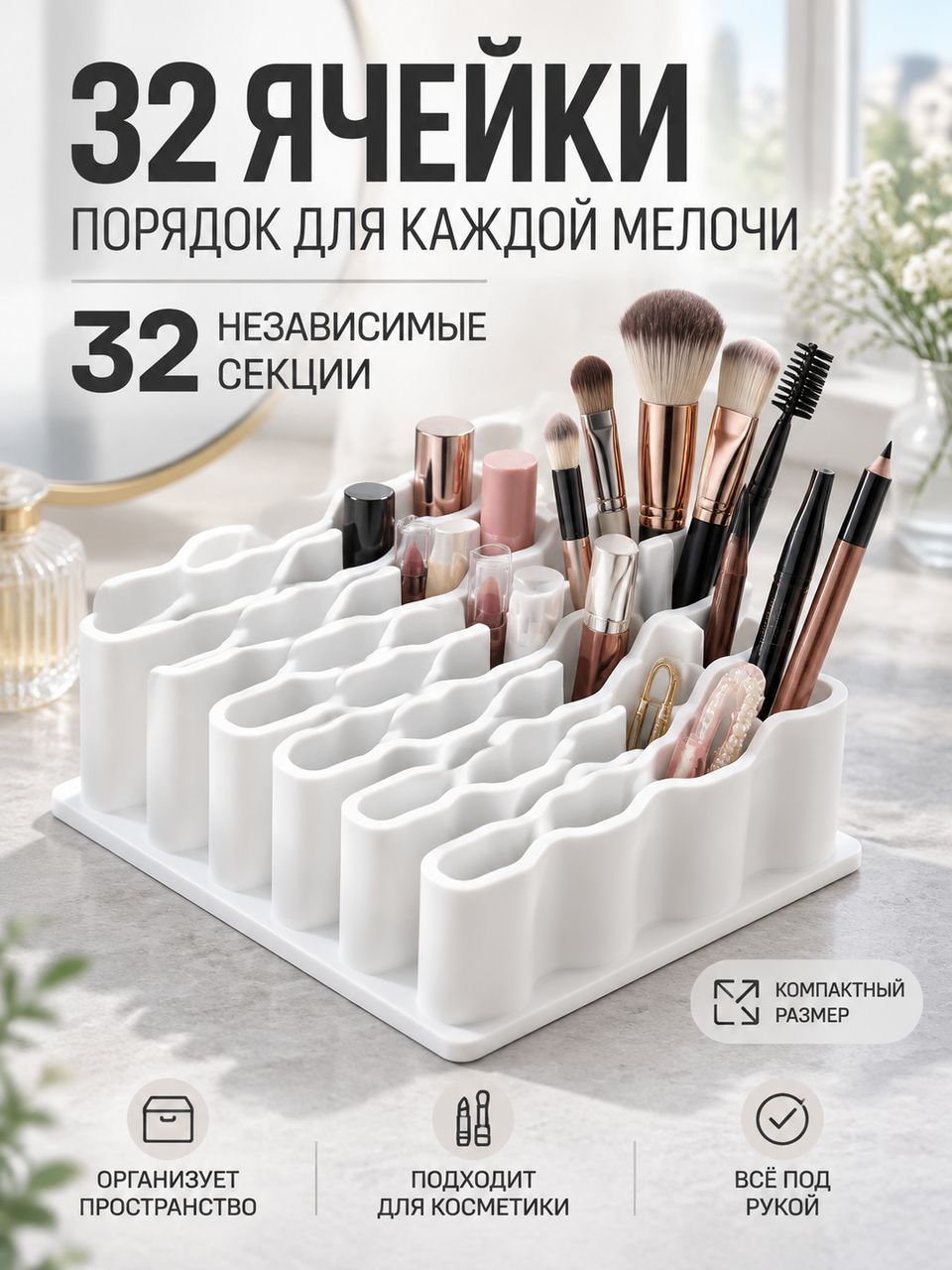 Органайзер для мелочей и косметики 8.2x8.2x3 см 1 шт термопластичная резина (тпр) белый