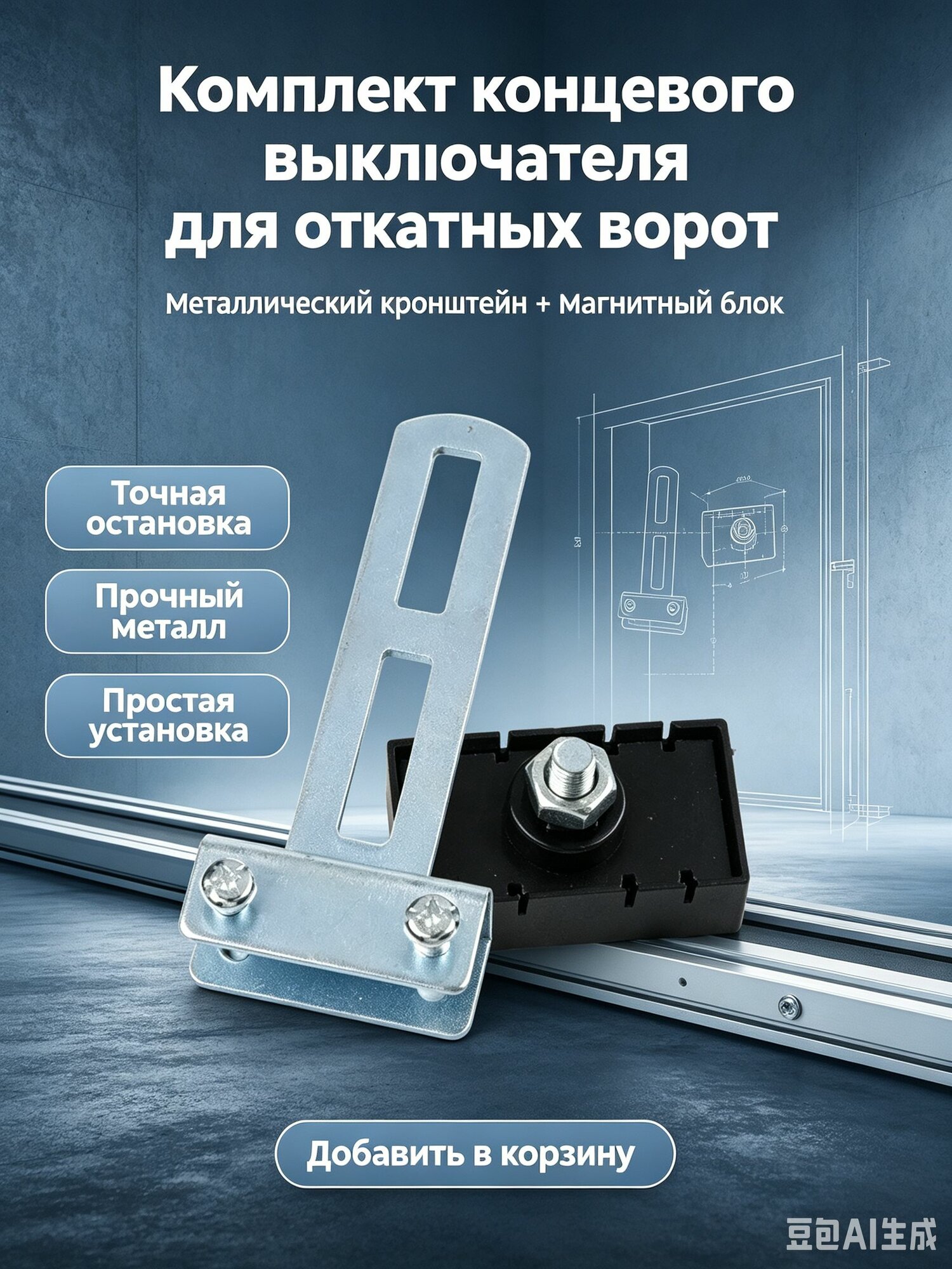 Магнит для концевика автоматических откатных ворот, комплект с кронштейном и ключом, черный, износостойкий