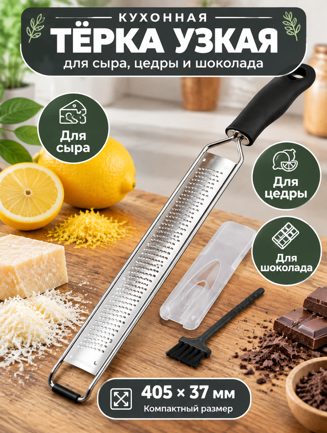 Узкая кухонная тёрка 405×37 мм для сыра, цедры и шоколада с ручкой ТПР