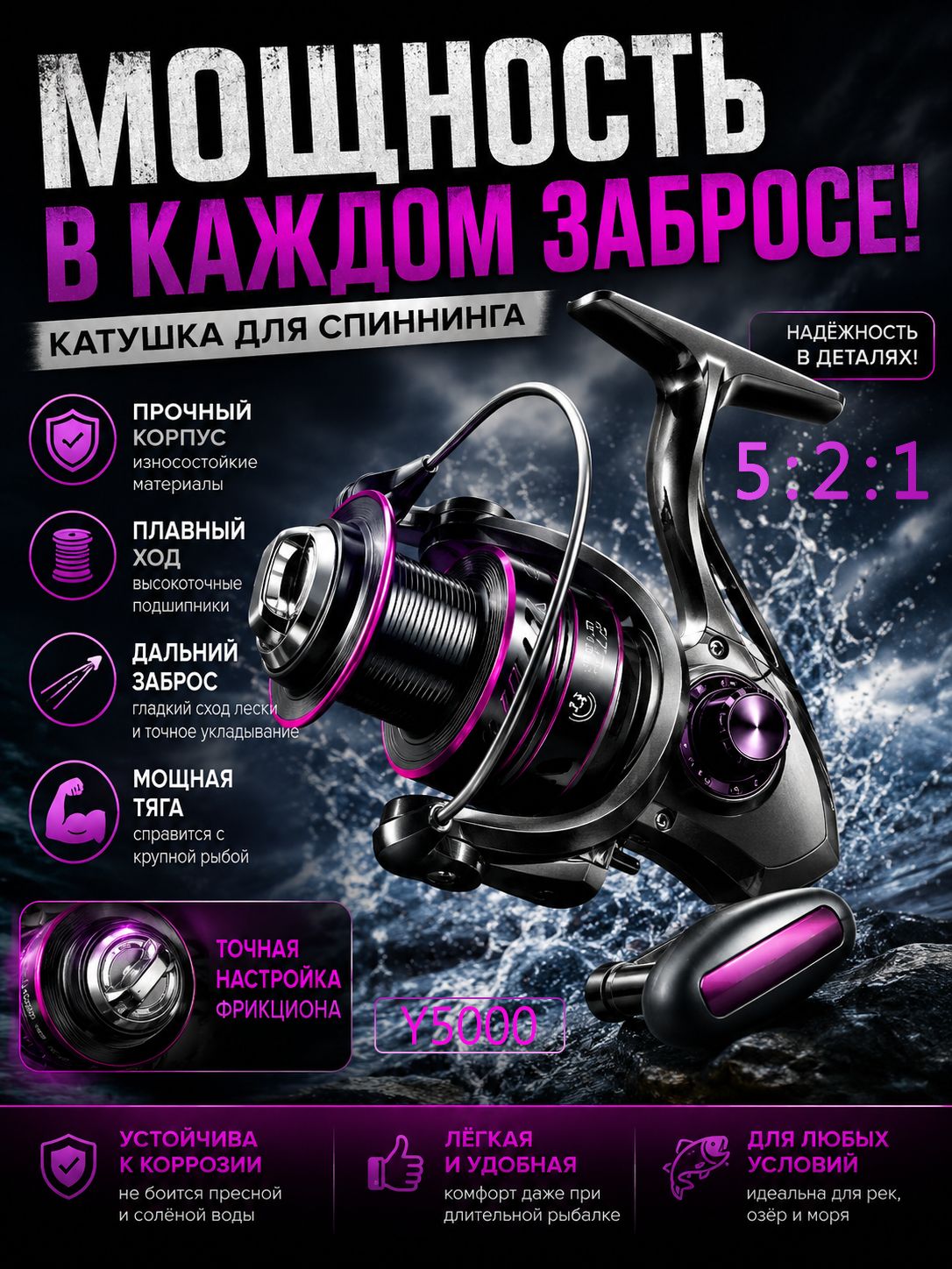Катушка для спиннинга 5000, катушка рыболовная фидерная, карповая
