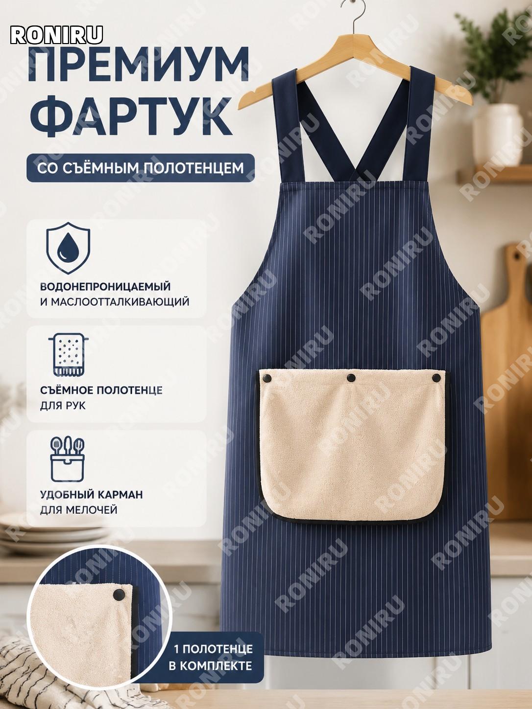 Фартук кухонный с полотенцем 1 шт синий, съёмное сменное полотенце и карман для хранения дома на кухне и быту новый