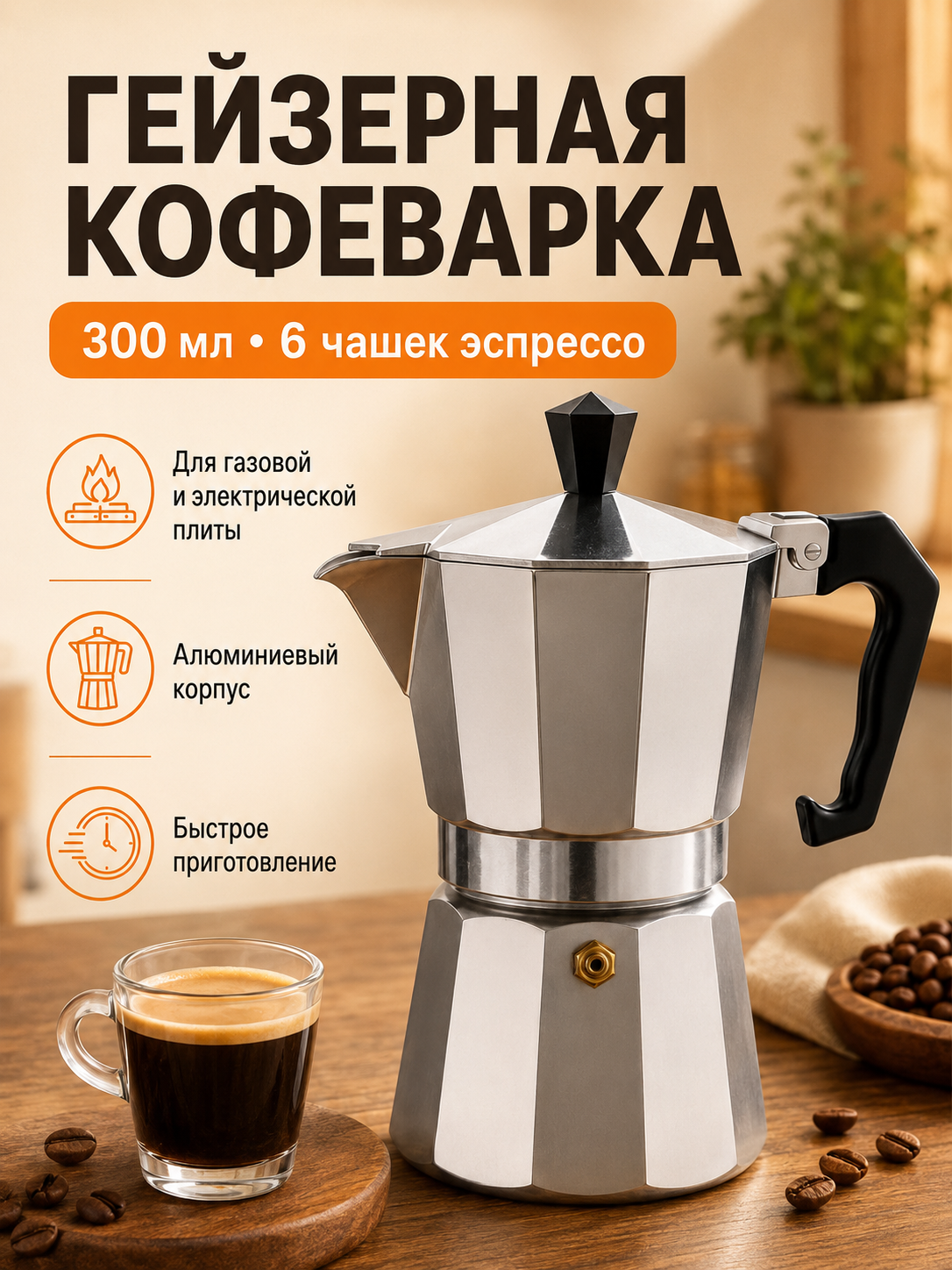 Гейзерная кофеварка 300 мл на 6 чашек, для индукции, газа, керамики и электричества