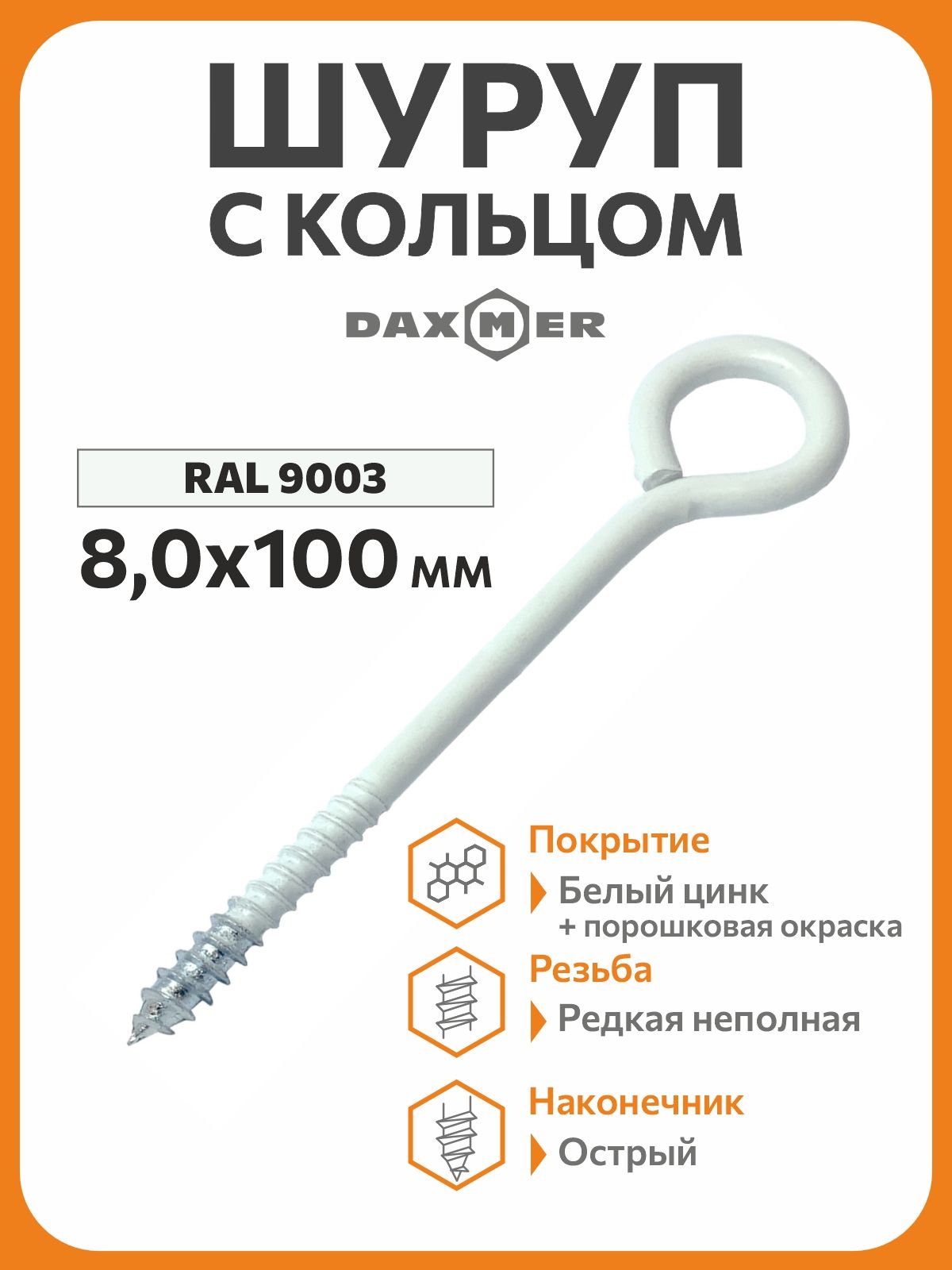 Шуруп с кольцом 8х100 (10 шт) RAL 9003 матовый