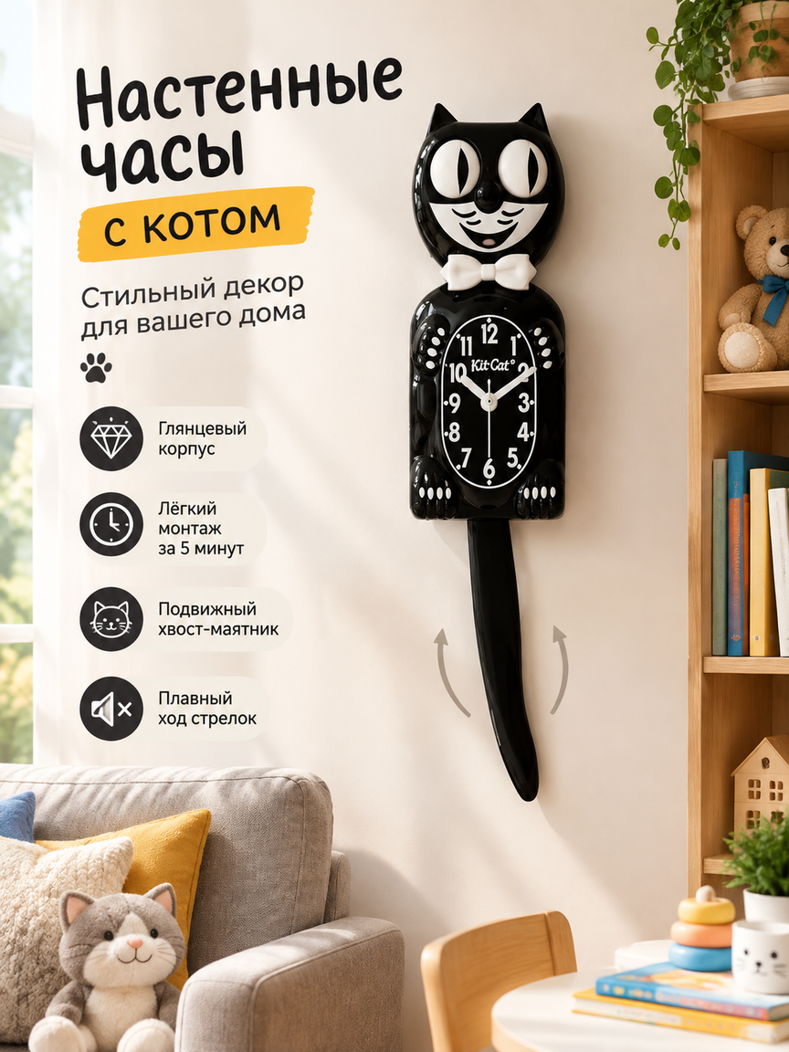 Часы настенные с котом, подвижный хвост-маятник, 39,4 х 11,2 см, тихий ход, декор для детской