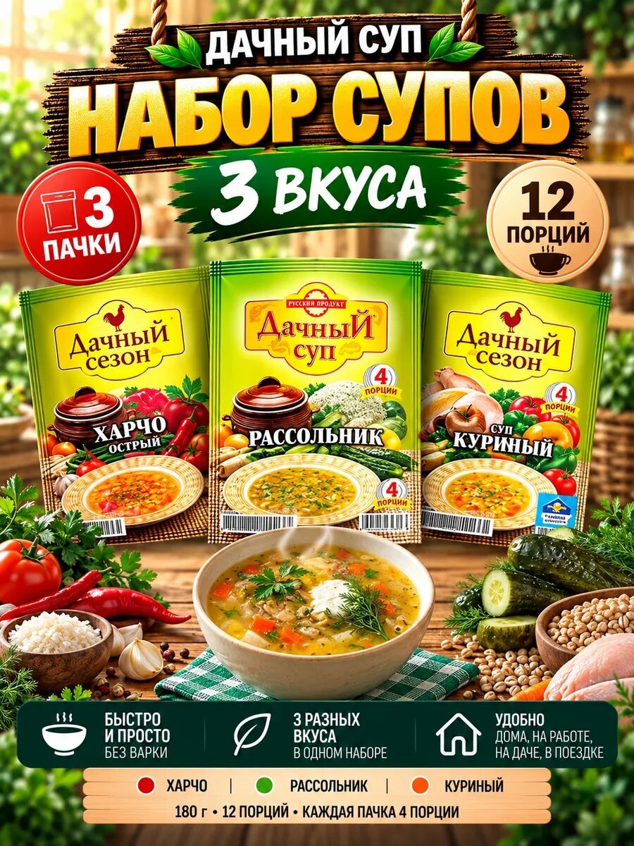 Набор супов 3 вкуса харчо рассольник куриный 180г — супы быстрого приготовления