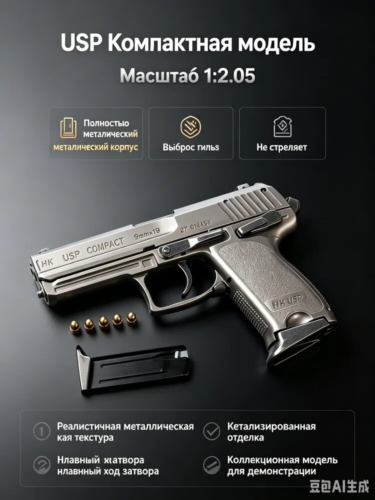 Цельнометаллическая модель пистолета USP 1:2.05 с выбросом гильз, предохранителем, разборная, не стреляет, коллекционный сувенир
