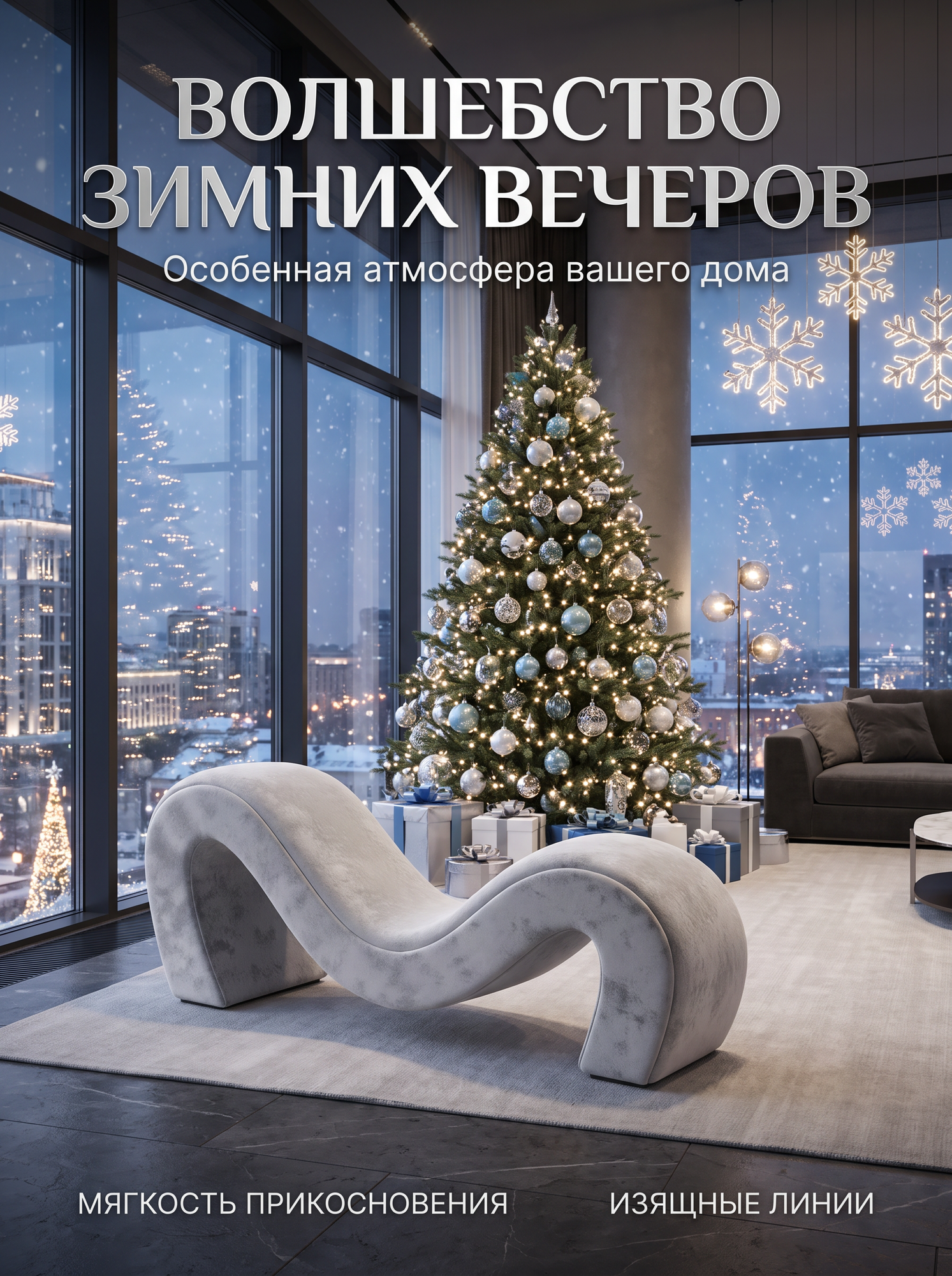 Кресло для отдыха Тантра, волна, серебристое, премиальный велюр, 180 см
