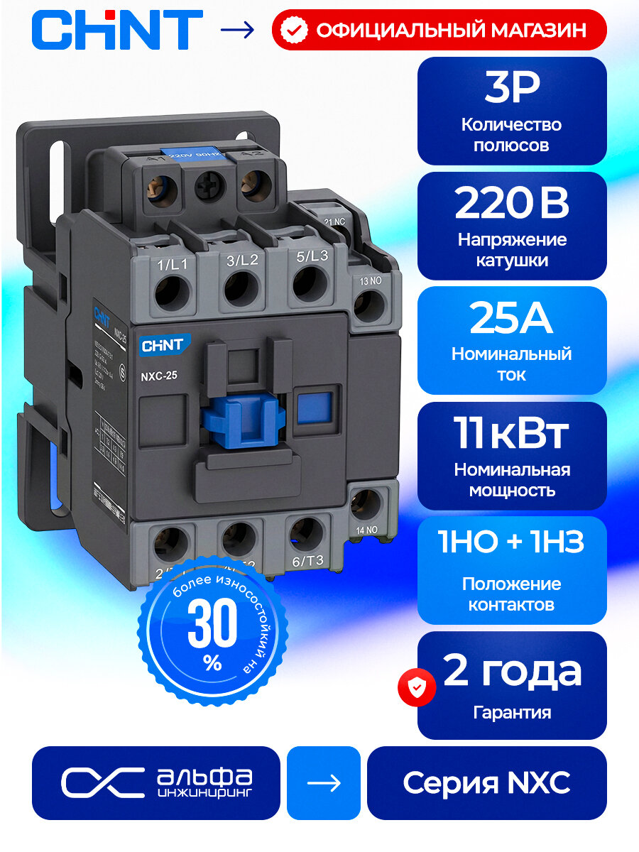 Контактор CHINT NXC-25 3P 25A AC220B (50Гц) 1НО+1НЗ (R), 836851