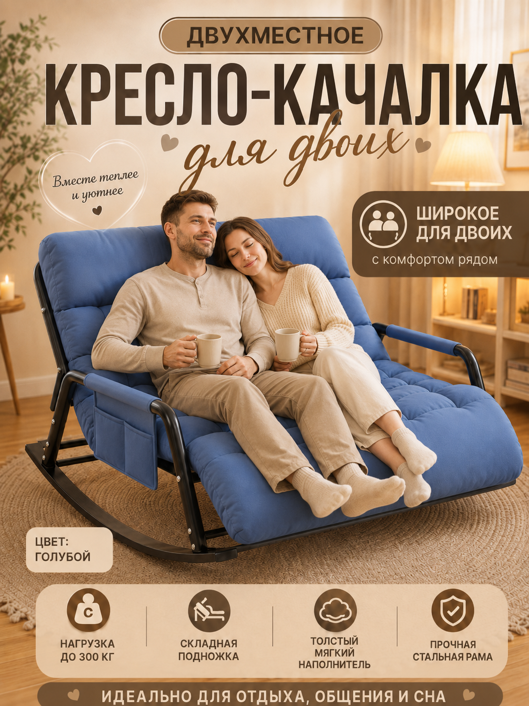 Кресло-качалка двухместное мягкое с подножкой, стальная рама, до 300 кг