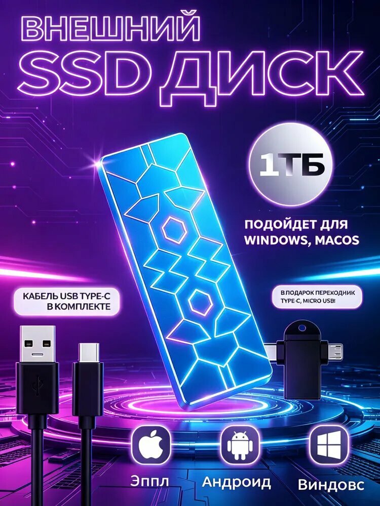 Summerdawn 1 ТБ Внешний SSD-диск (15DLW-SSD-1TB), USB 3.0, чтение - 550 Мб/с, запись - 540 Мб/с, Металл, синий