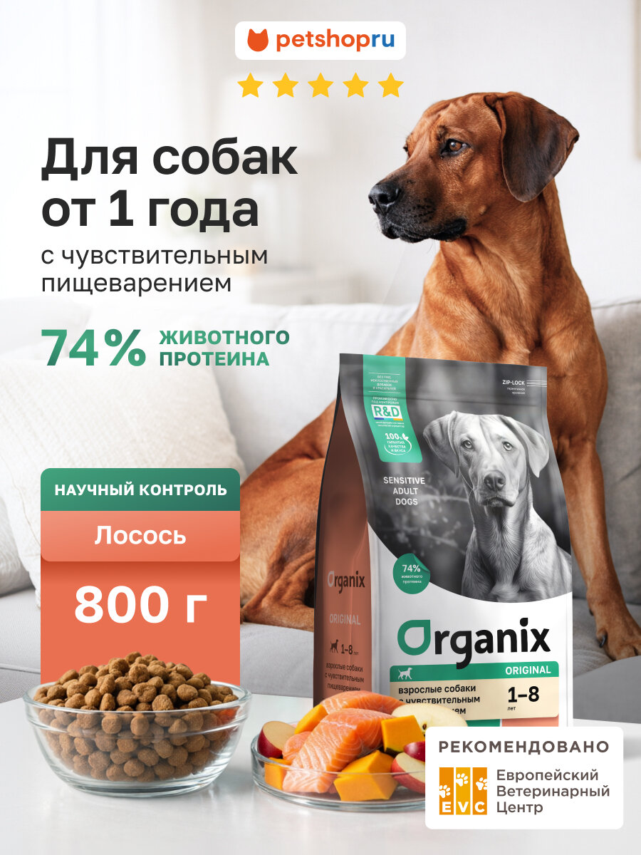 Organix сухой корм для взрослых собак с лососем, фруктами и овощами для чувствительного пищеварения, sensitive digestion, salmon, 800 г