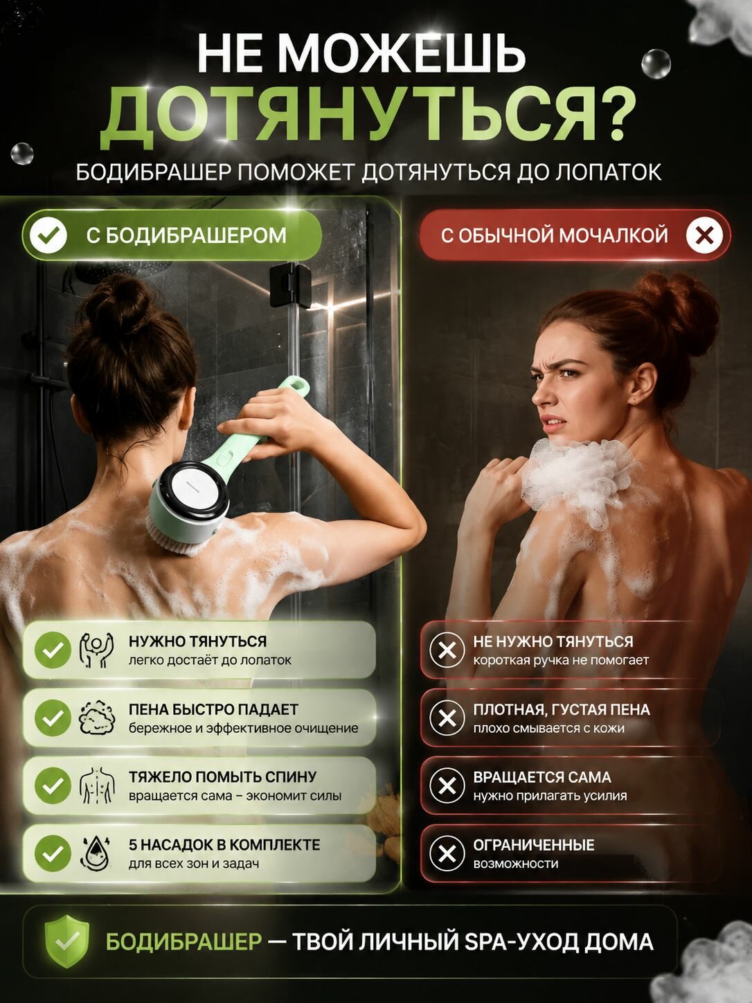 Бодибрашер, электрическая щетка для тела на длинной ручке Подарите несколько голов. — фото 1