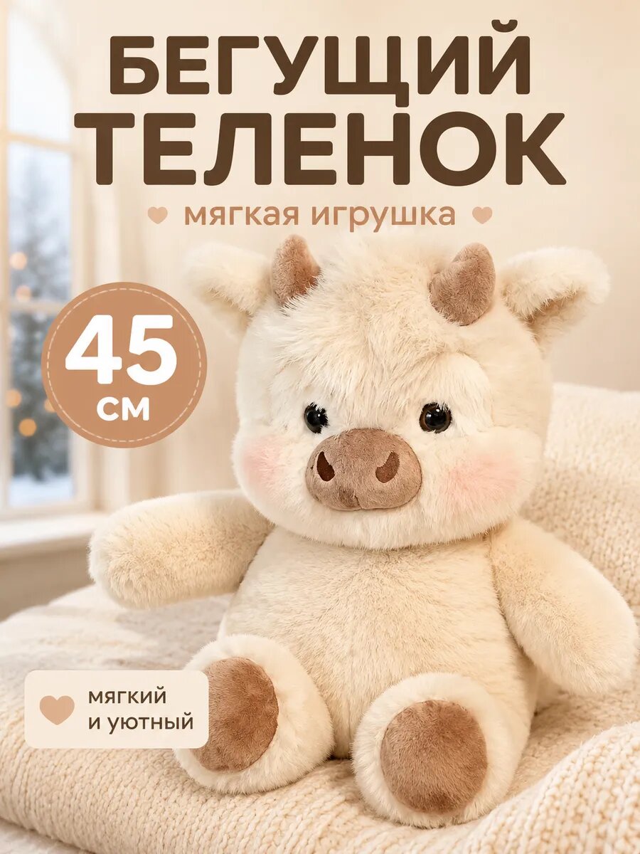 Бегущий теленок плюшевая мягкая игрушка 45 см