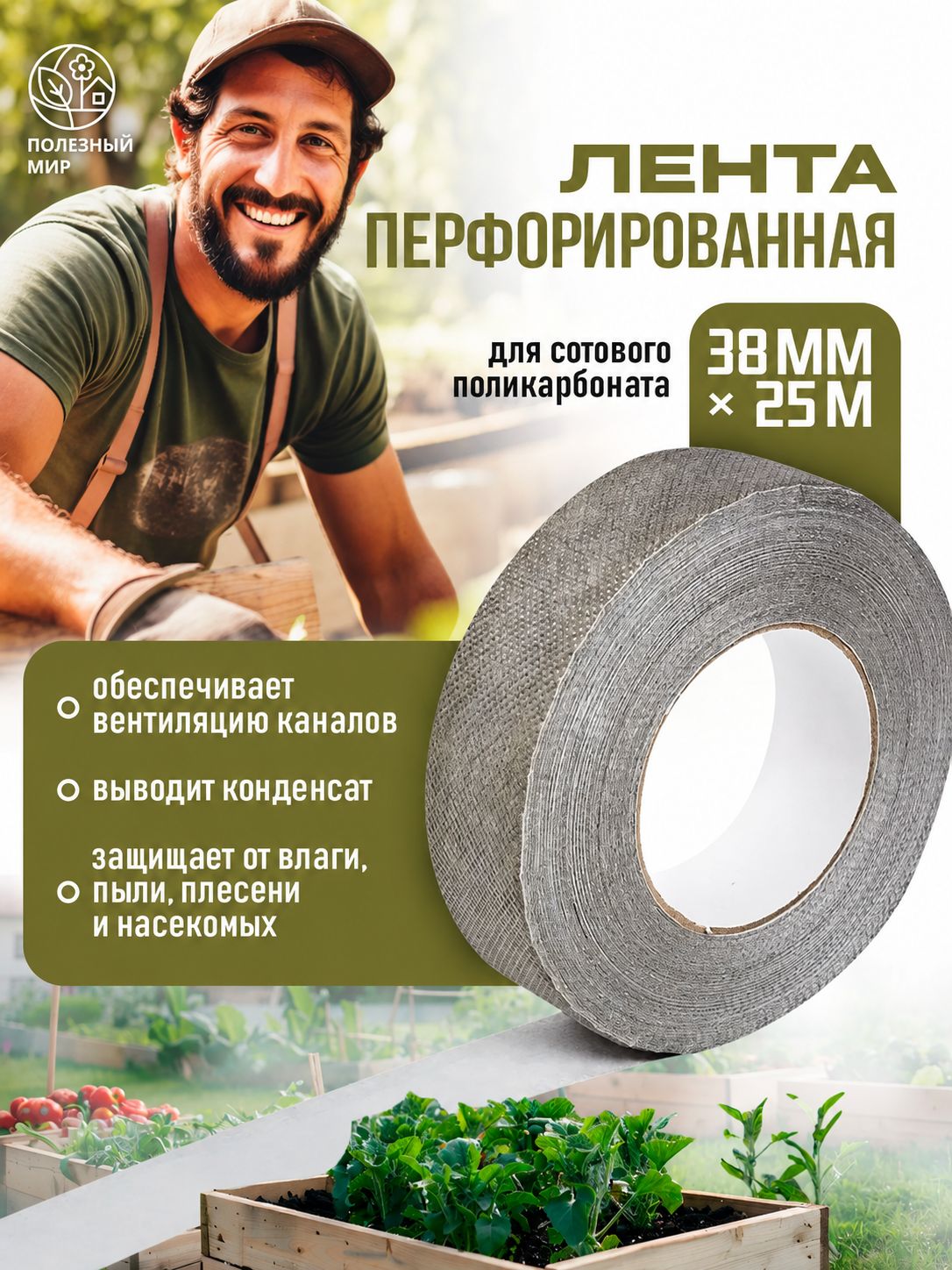 Перфолента 38мм*25м широкая - перфорированная лента для поликарбоната