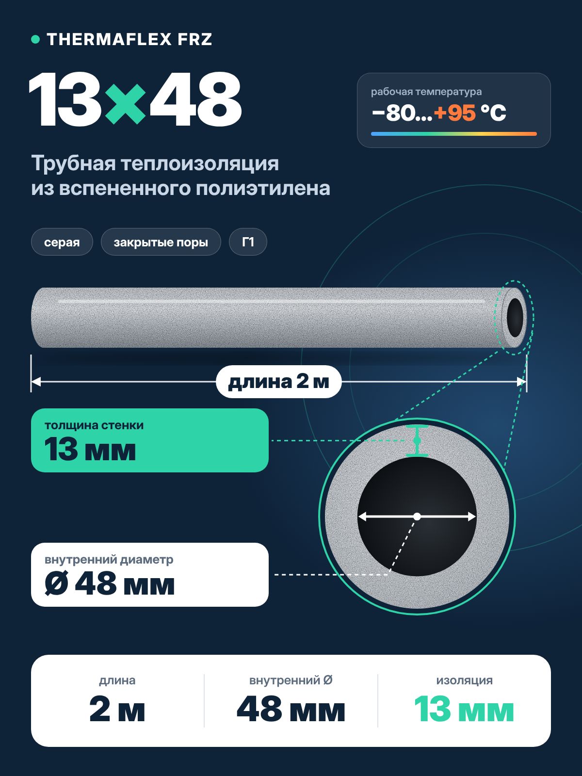 Теплоизоляция для труб 48 мм Thermaflex FRZ, толщина 13 мм, вспененный полиэтилен, 2 м