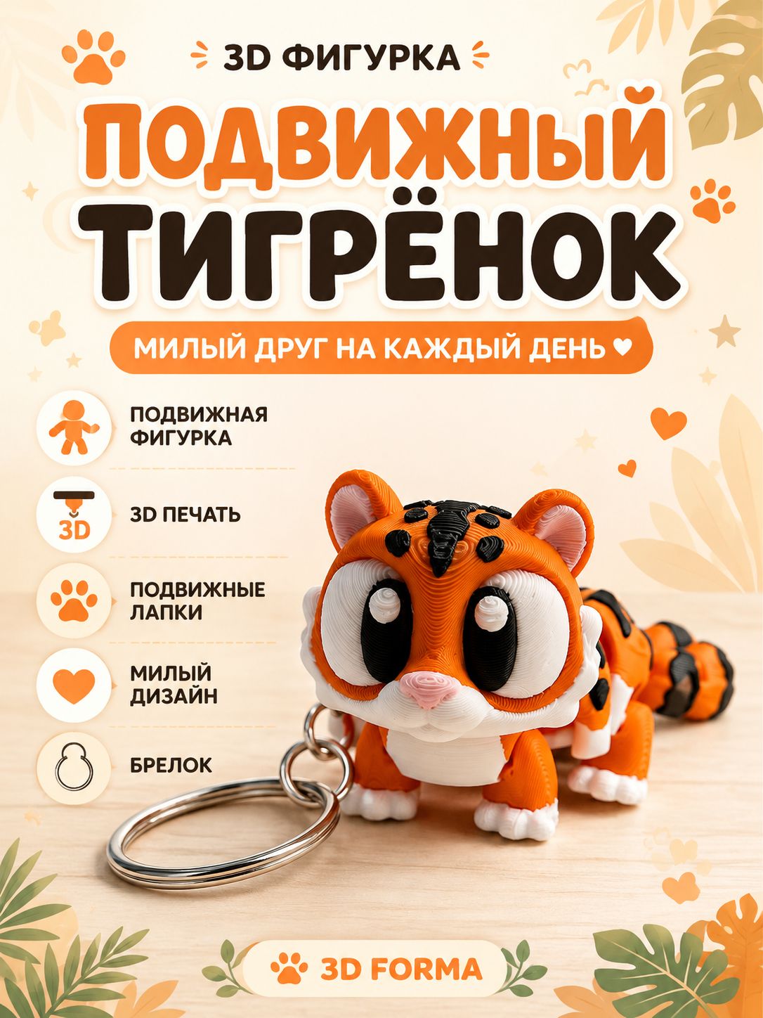 Тигрёнок 3д игрушка-антистресс, подвижная фигурка, 3D печать, подарок