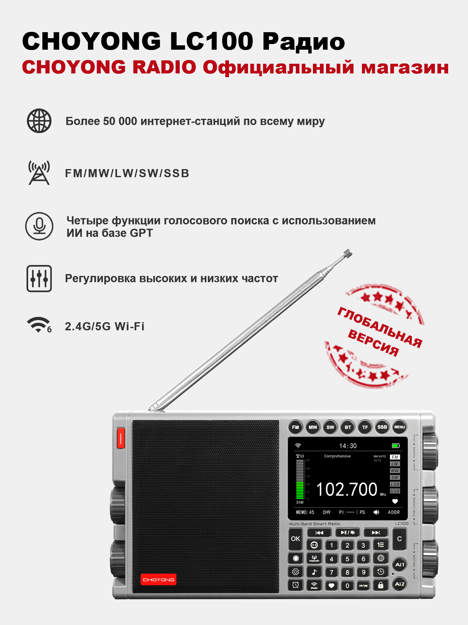 CHOYONG LC100 Многодиапазонное интеллектуальное интернет-радио, Wi-Fi/4G, AM/FM/СВ/КВ