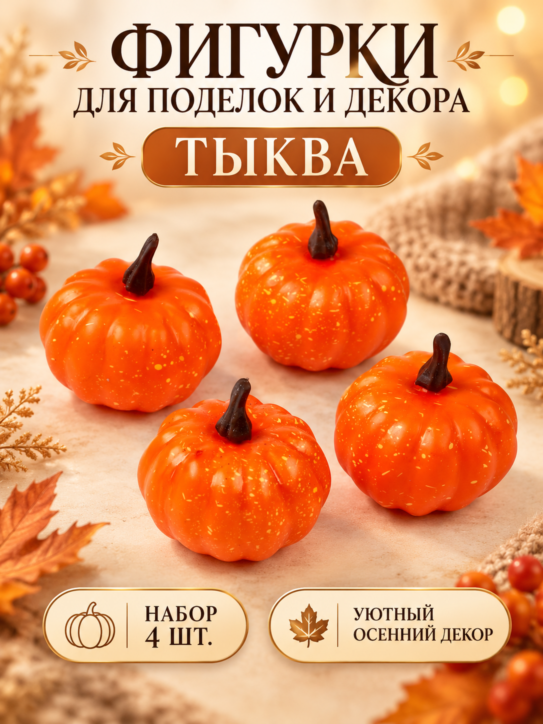 Фигурка для поделок и декора «Тыква», набор 4 шт, размер 1 шт. — 4,5 × 4,5 × 5 см, цвет оранжевый