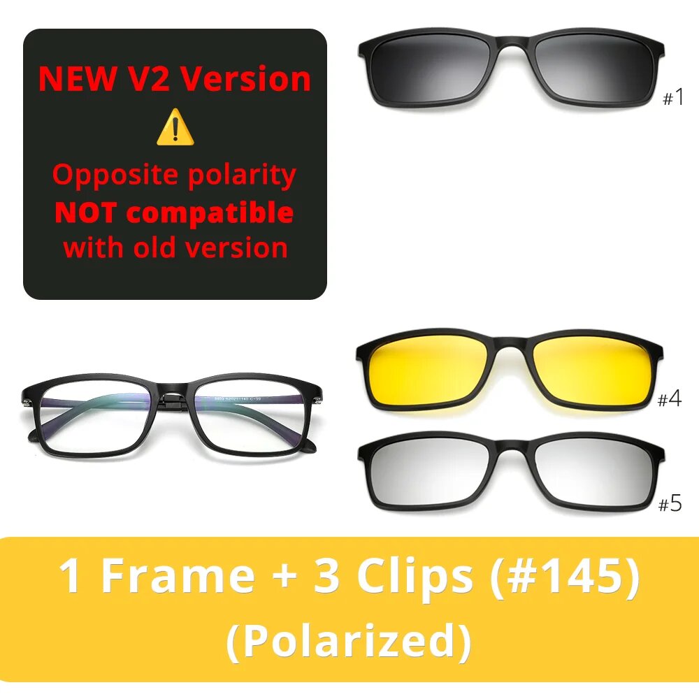 Магнитные зажимы для очков Ralferty TR90 5 в 1 матовый черный NEW V2-Matt Black, 1 Frame 3 Clips 145