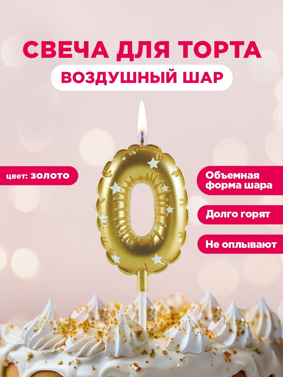 Свеча для торта цифра Воздушный шар PATERRA, цифра 0, золотая