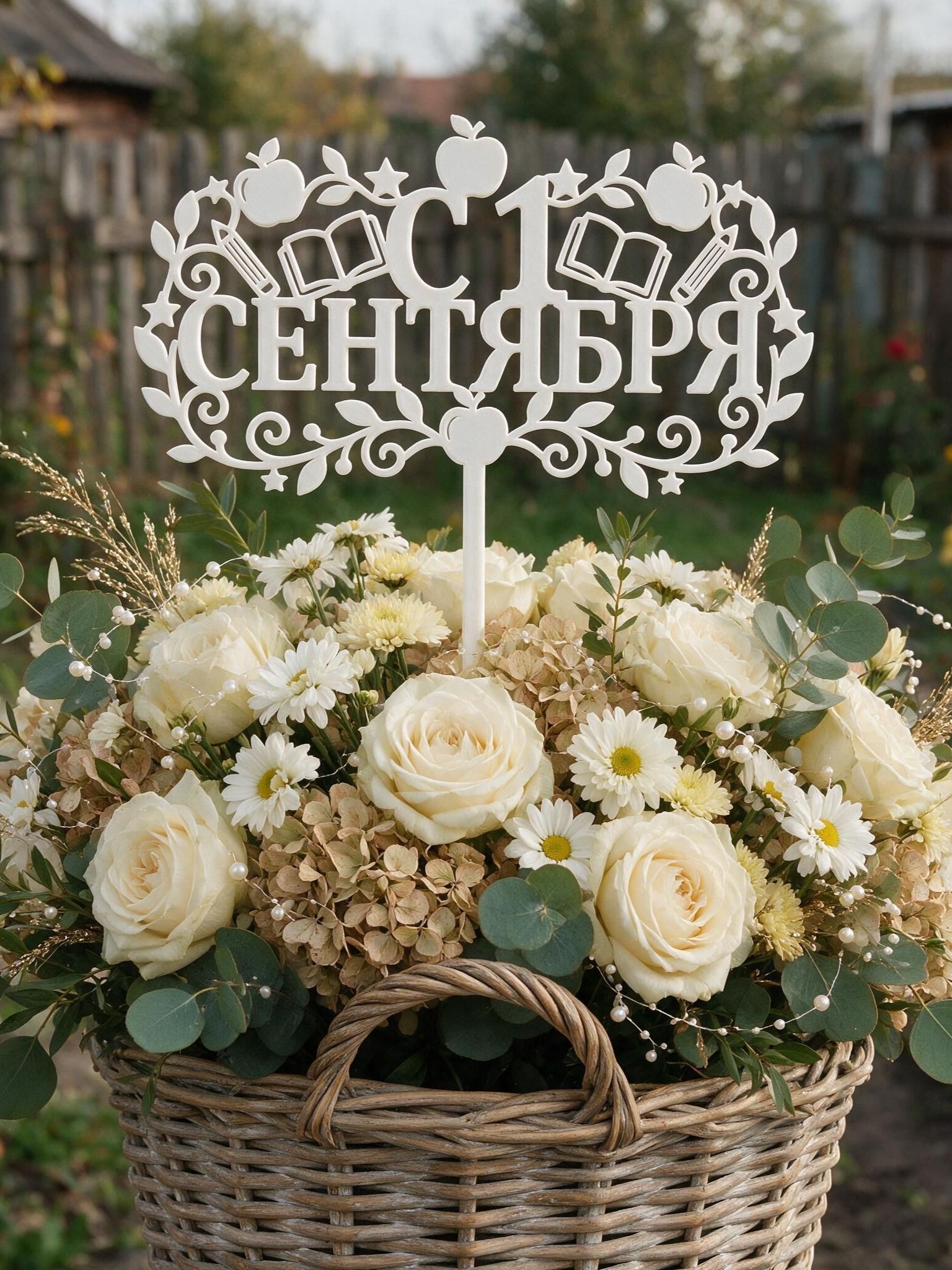 Топпер С 1 Сентября, подарок к 1 сентября, топпер в цветы и торт