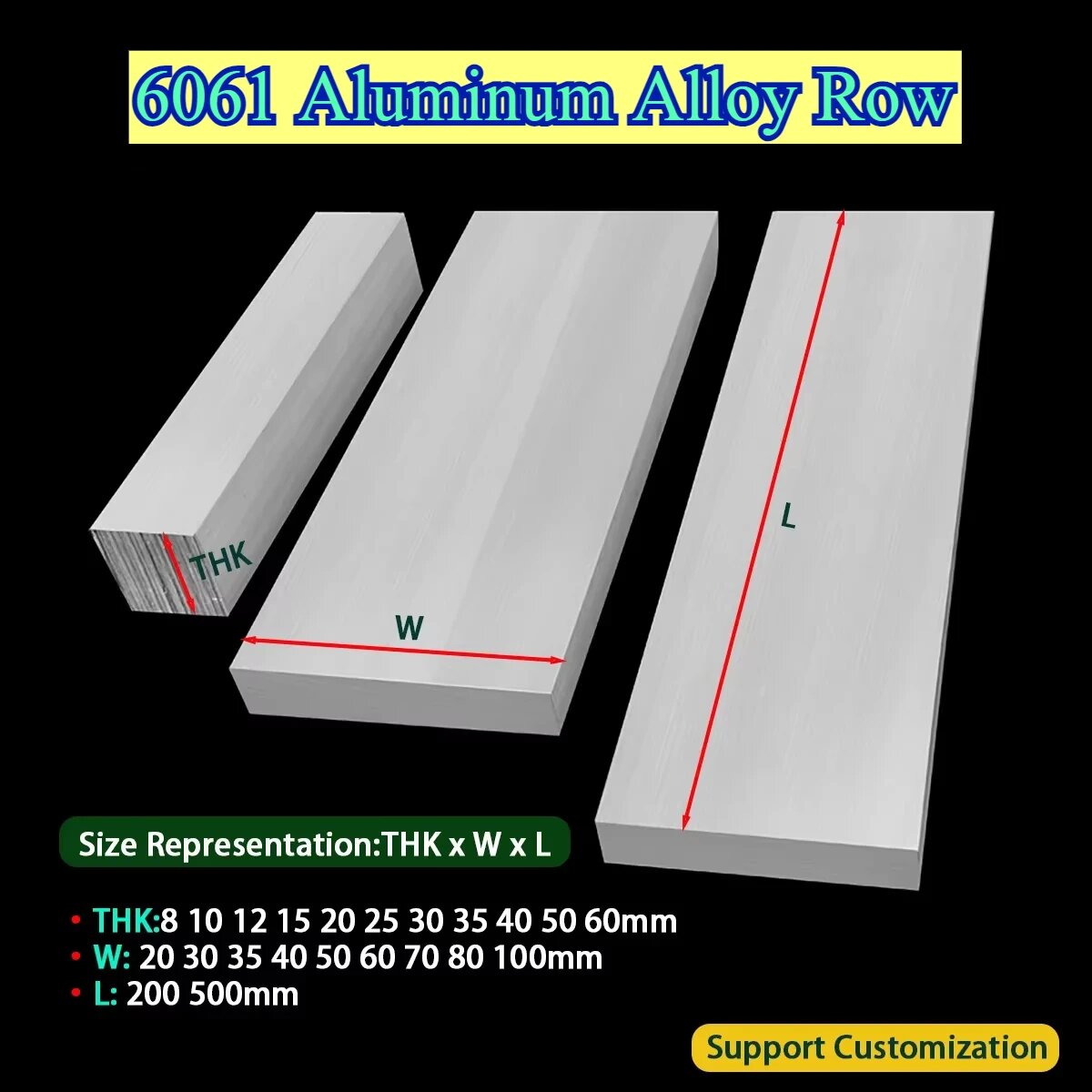 Алюминиевая полоса 6061 серебристого цвета 20x40x200mm 1pcs