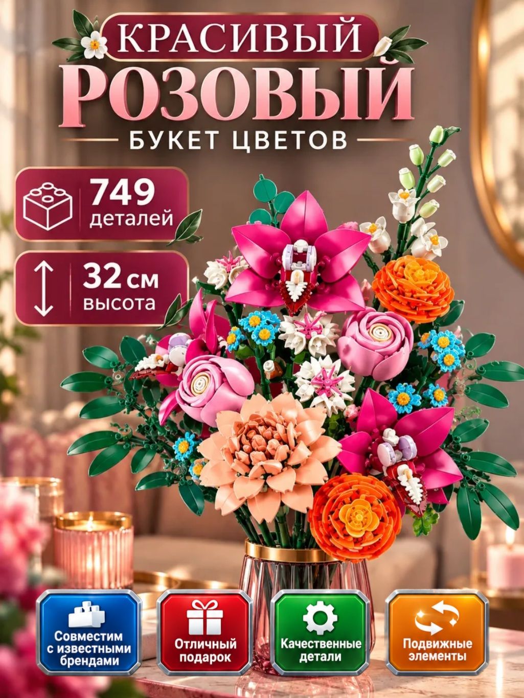 Конструктор Красивый розовый букет цветов, 749 деталей
