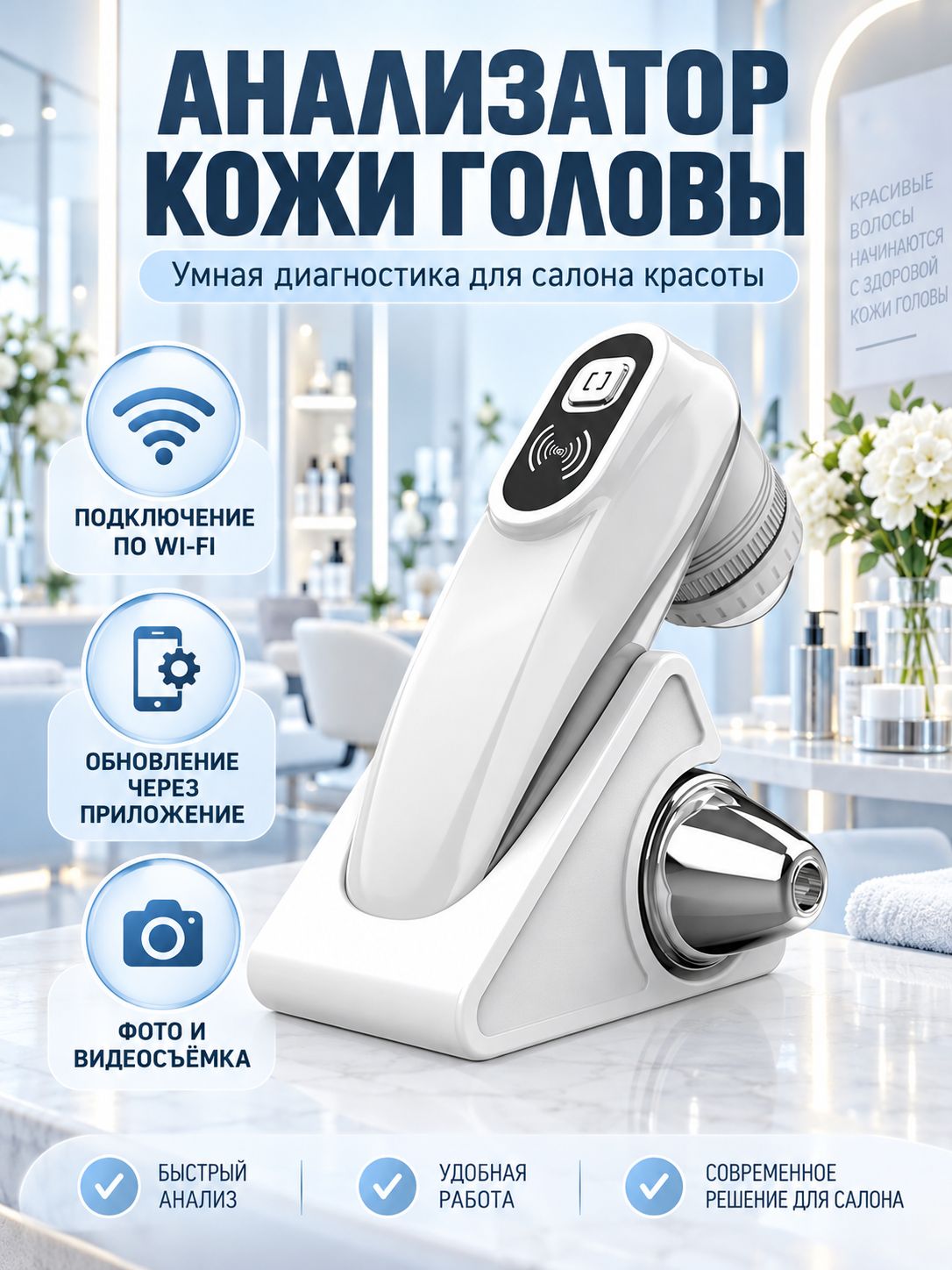 Анализатор кожи головы профессиональный, Wi-Fi, видеосъемка, удобная работа в косметическом салоне