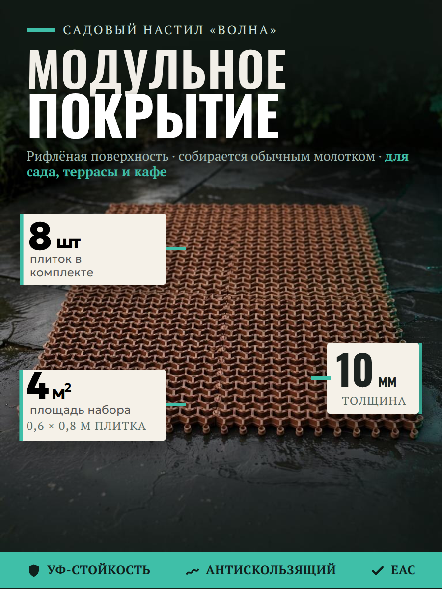 Покрытие модульное Волна 0,6х0,8х0,01 м 8 шт (4 кв. м) коричневое