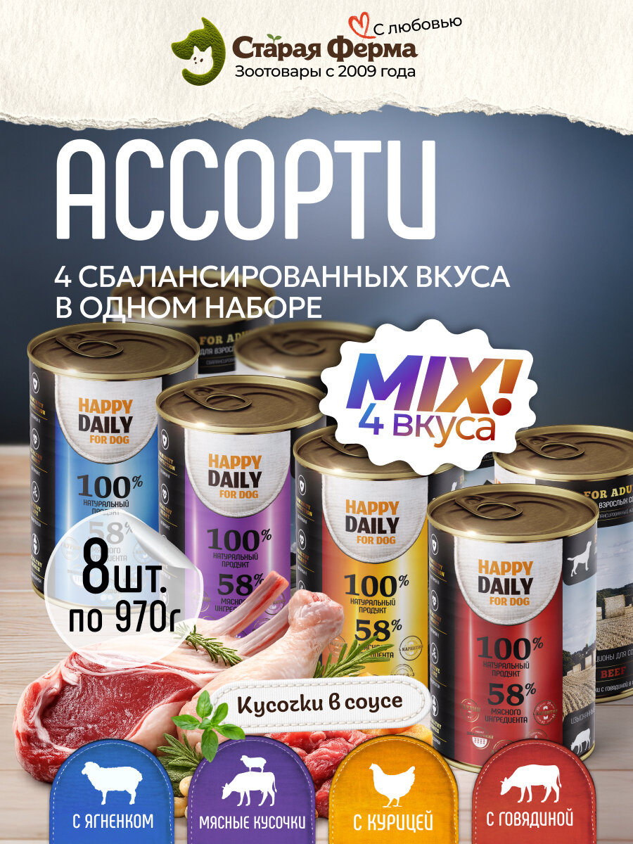 Влажный корм для собак Happy Daily , ассорти 4 вкуса, (говядина, ягненок, мясо, курица ) 970 г x 8 шт. (консервы)