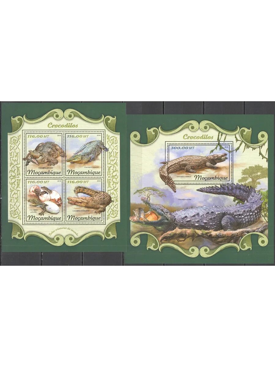 Марки 2018 год Мозамбик Крокодилы Рептилии Фауна #9229-2+Бл1286 MNH