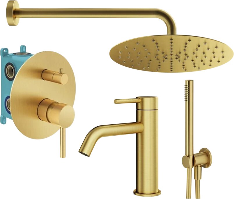 Комплект для ванной Plumberia Selection Ixo KITXO18OB53 4 в 1, встраиваемый, с внутренней частью в комплекте, со смесителем, с тропическим душем, латунный, зол