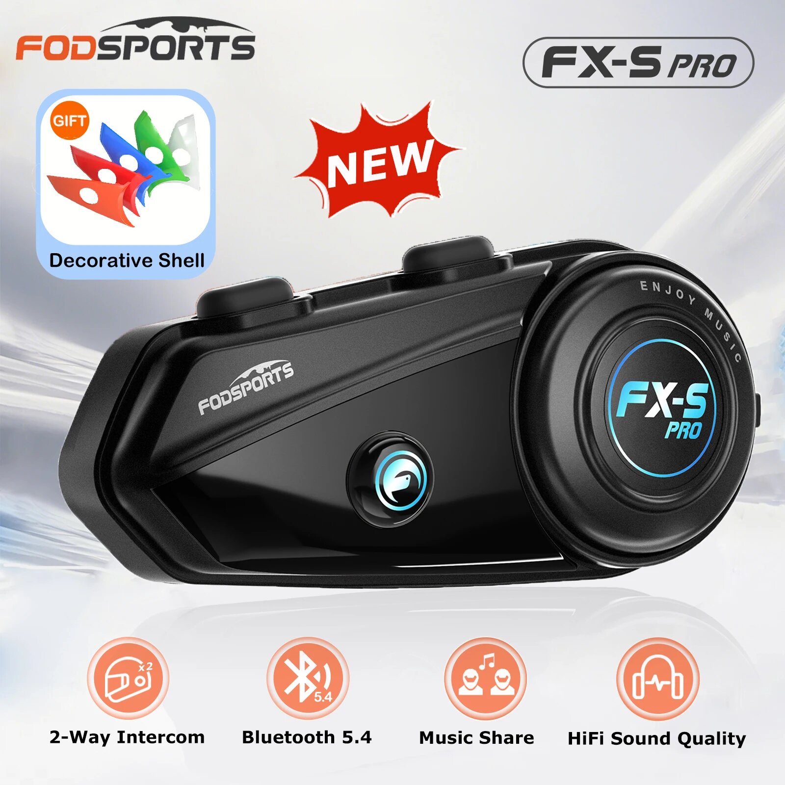 Мотоциклетная гарнитура Fodsports FX-S PRO, 2-сторонняя Bluetooth-связь, 3 звуковых эффекта, функция обмена музыкой, сменный корпус.