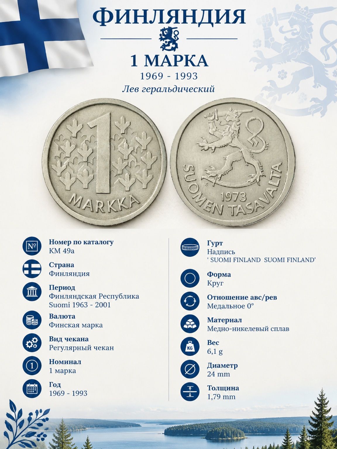 Финляндия 1 марка, 1973 Герб XF