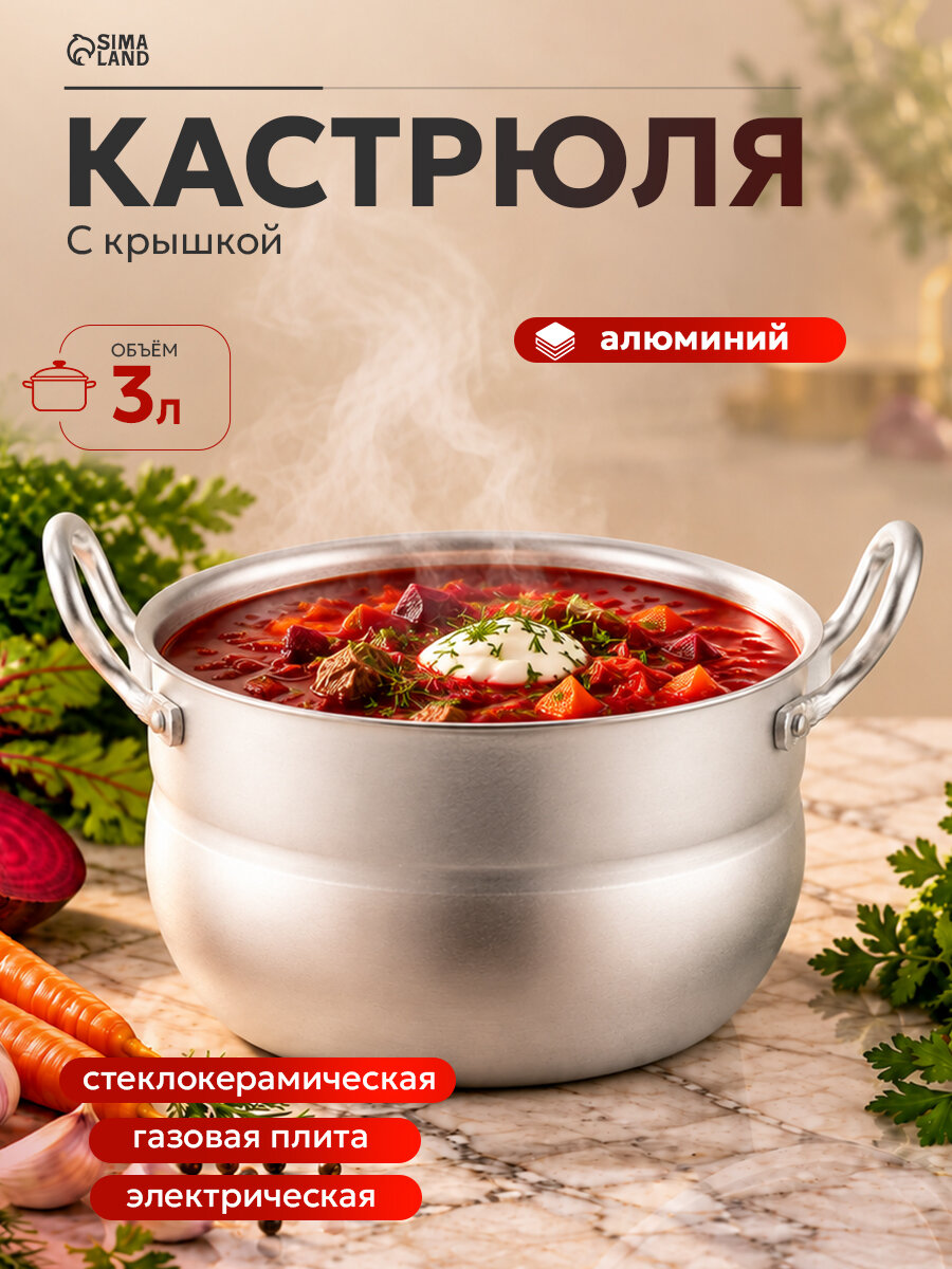 Кастрюля Белая калитва, 3 л, d=20 см, с крышкой, штампованный алюминий, серебристая