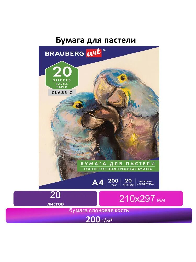 Тонированная бумага для пастели/для рисования в папке формата А4 210х297мм, 20 листов, Brauberg, скорлупа, слоновая кость, 200г/м