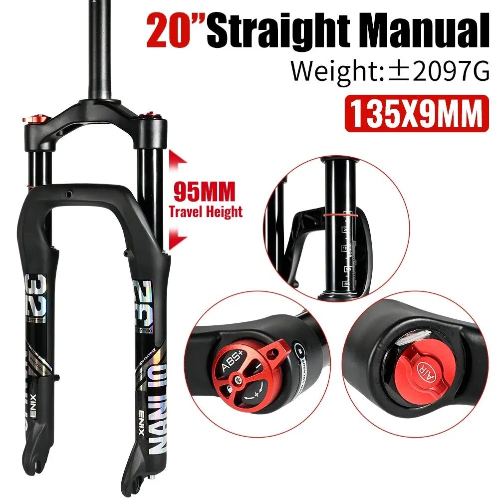 Nanlio Mountain Snow Bike Fat Fork Амортизирующая вилка MTB для 20 дюймов подходит для шин 4,0 дюйма с давлением воздуха в масле, 135x9 мм